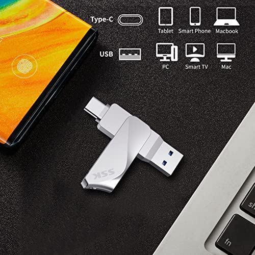 SSK 128GB USB C Flash Drive Dual Drive 2 in 1 OTG USB A 3.2 + Type C Memory Stick Thumb Drive, Thunderbolt Pendrive up to 200MB/s Transfer Speed Photo Stick for Android Phones/Tablets/Mac/Laptop