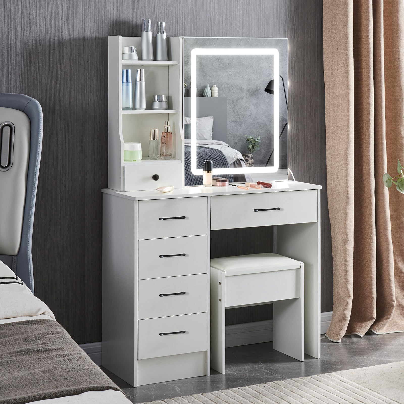 Kkonetoy Vanity Desk with Lights, White Makeup Desk Vanity Set with Sliding Mirror and 5 Drawers, Modern Makeup Vanity Dressing Table with Cushioned Stool for Girls Bedroom Dresser