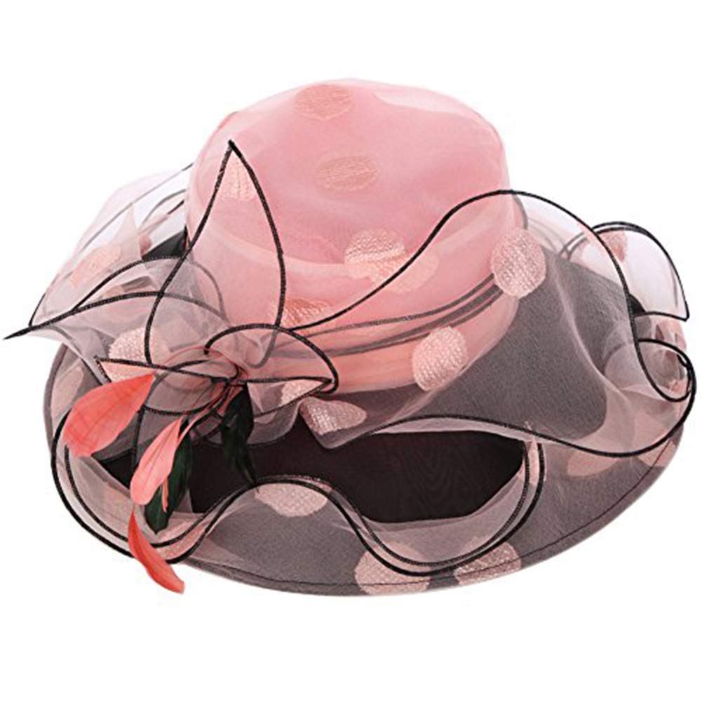 June's Young Women Church Derby Hat Sun Hats Wide Brim Fancy Derby Hat Polka Dot Pink
