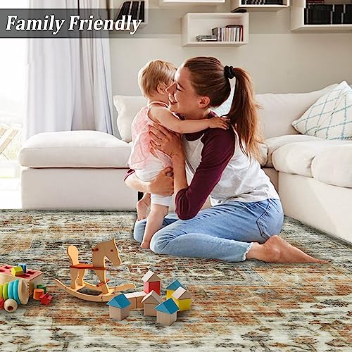 Zacoo Boho Area Rug 5x7 Washable Rug Vintage Soft Distressed Print Carpet Oriental Non-Slip Stain Resistant Low-Pile Throw Thin Bedroom Rugs for Living Room Dining Room Brown/Grey