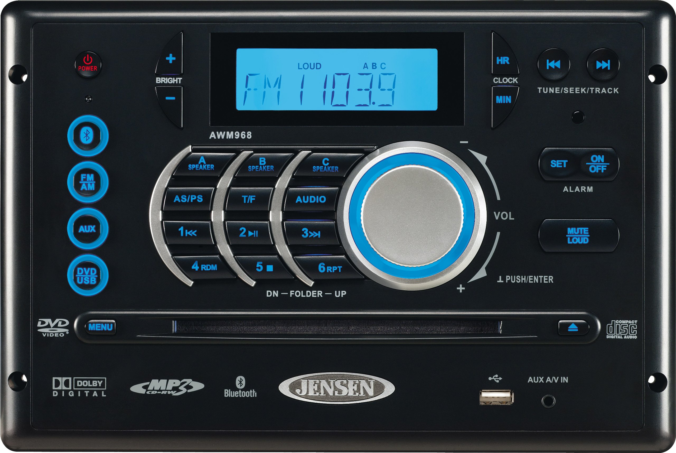 Jensen AWM968 AM/FM/CD/DVD/USB Bluetooth Stereo, Front USB supports MP3/WMA, DVD Player CD, CD-R, CD-RW, DVD/DVD+R, DVD RW, DVD-R, DVD-RW, DVD-Video, MPEG-4, VCD, JPEG and MP3/WMA Compatible