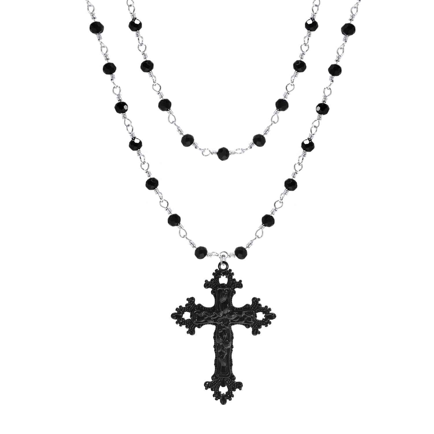 OLARCU Gothic Layered Cross Pendant Necklace for Women, Womens Black Beaded Goth Punk Grunge Jewelry