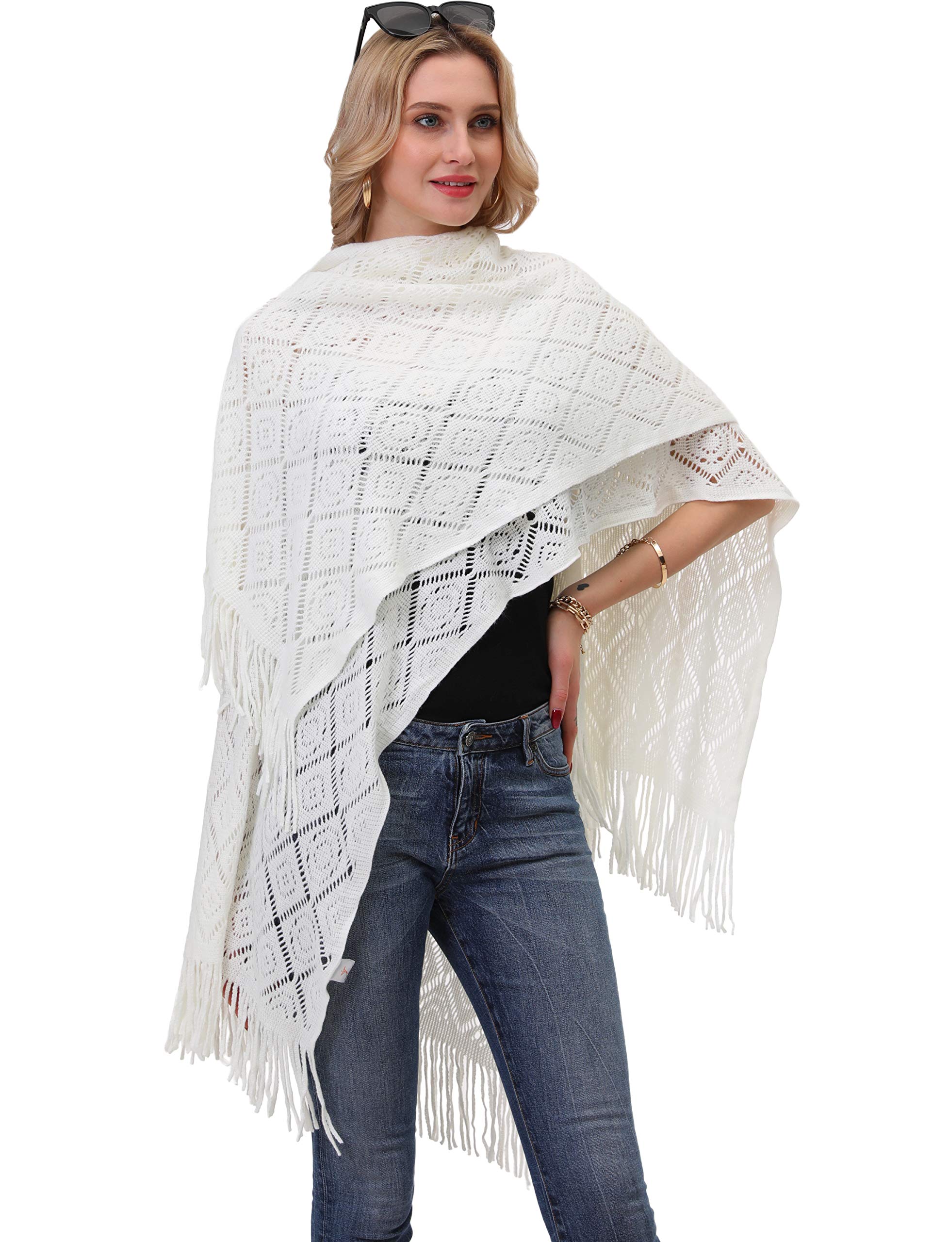 Knit Shawl Wrap for Women - Soul Young Ladies Fringe Knitted Poncho Cardigan Cape(One Size,Cream White Block)