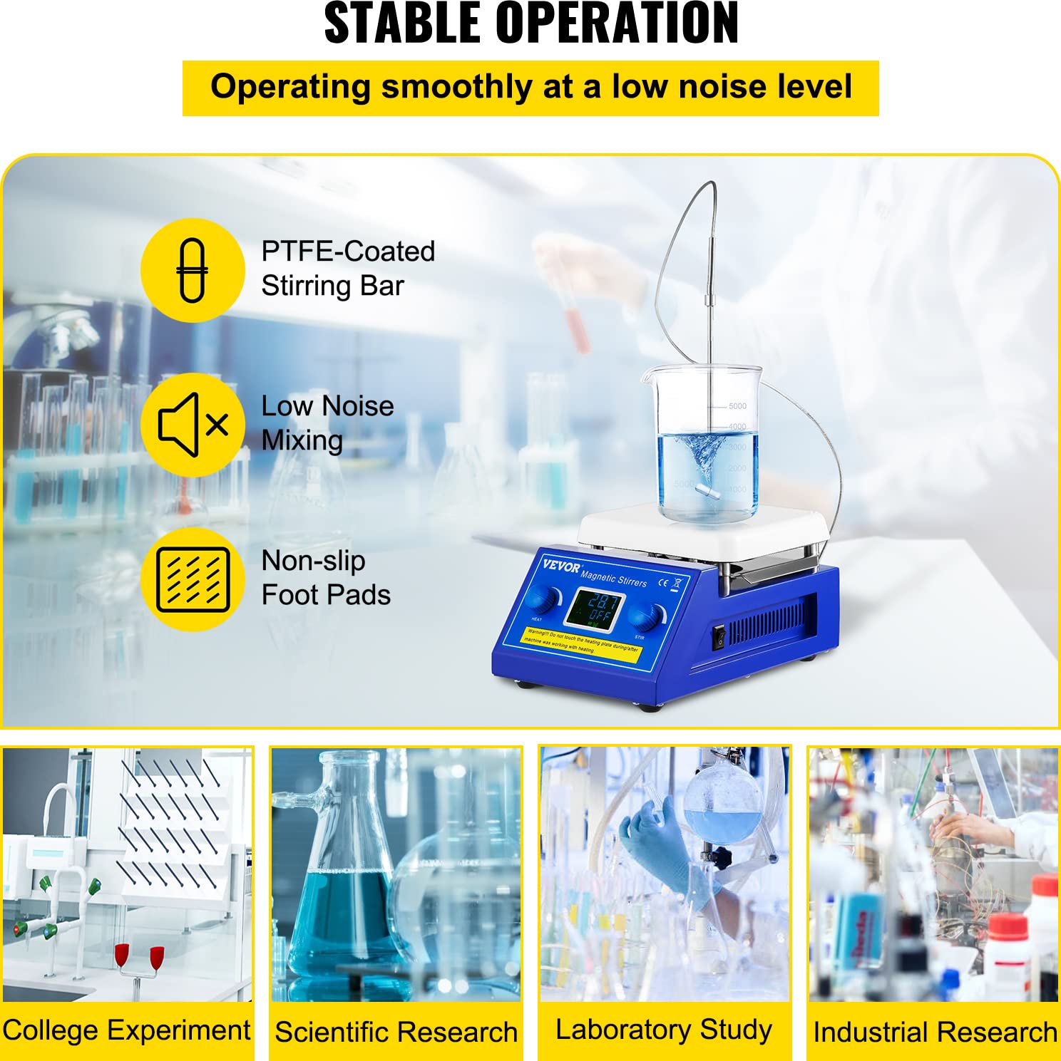 VEVOR Magnetic Stirrer Hot Plate, 5L Capacity Ceramic Coated Hotplate Lab Stirrer 200-2000RPM 608°F/320°C Max Temp Digital Magnetic Stirrer with Temp Probe Sensor and Stirring Bar