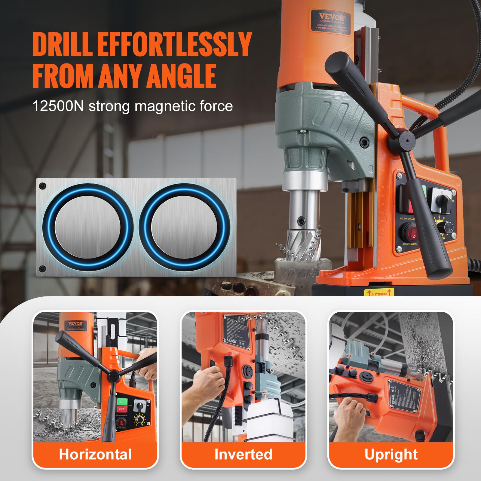 VEVOR Magnetic Drill, 1450W 2" Boring Diameter, 12800N Portable Electric Mag Drill Press, with Variable Speed, 800 RPM Drilling Machine for any Surface Home Improvement Industry Railway