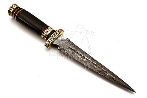 Skokie Knives Custom Hand Made Damascus Steel Hunting Dagger Knife Handle Bull Horn with Brass Spacer (Black Bull)