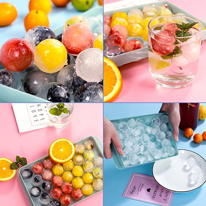 SCEssentials Round Ice Cube Tray with Lid Bin Ball Maker Mold for Freezer Container Mini Circle Making 99 piece Sphere Chilling Cocktail Whiskey Tea Coffee 3 Trays 1 Bucket Scoop total PACKS Blue