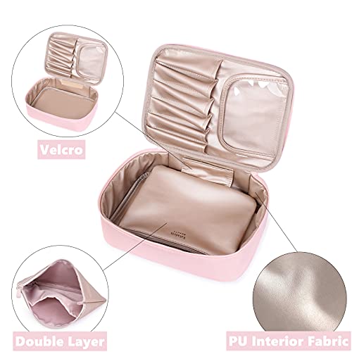 Katadem Travel Makeup Bag,Large Opening Makeup Bag,Portable Makeup Bag Opens Flat for Easy Access, Toiletry Bag,PU Leather Makeup Bag,Large Cosmetic Organizer for Women (ppink)