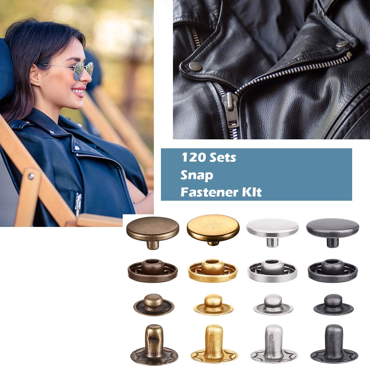 Leather Snap Button Fasteners Kit - Happon 120 Sets Metal Snap Kit with Punch Hole Pliers Press Rivets Repair Tool for Sewing Clothing Jeans Jacket - 4 Colors Snaps Studs Replacement