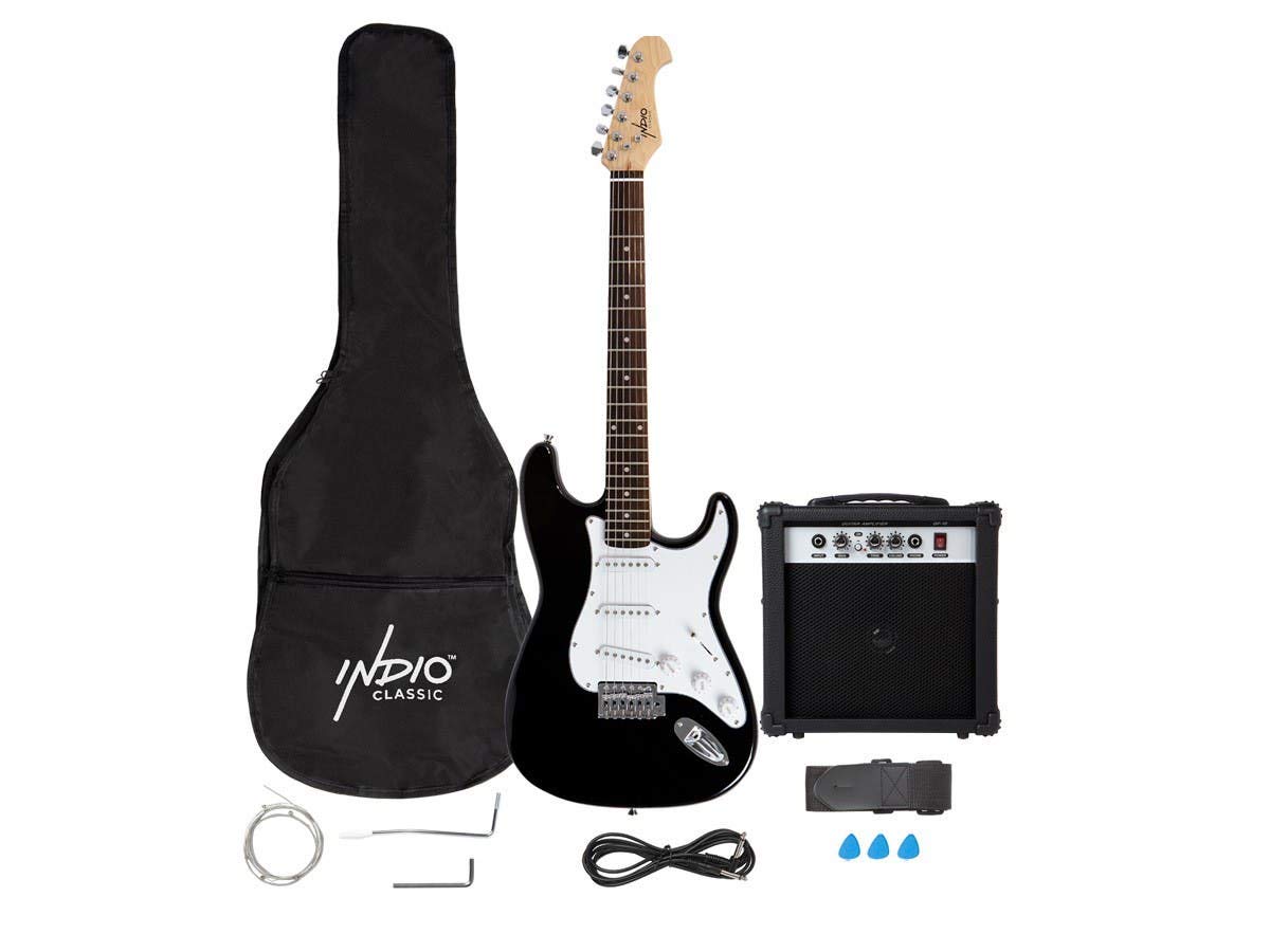 Monoprice Indo Series 6 String Electric Guitar Package, Right, Black (625904)