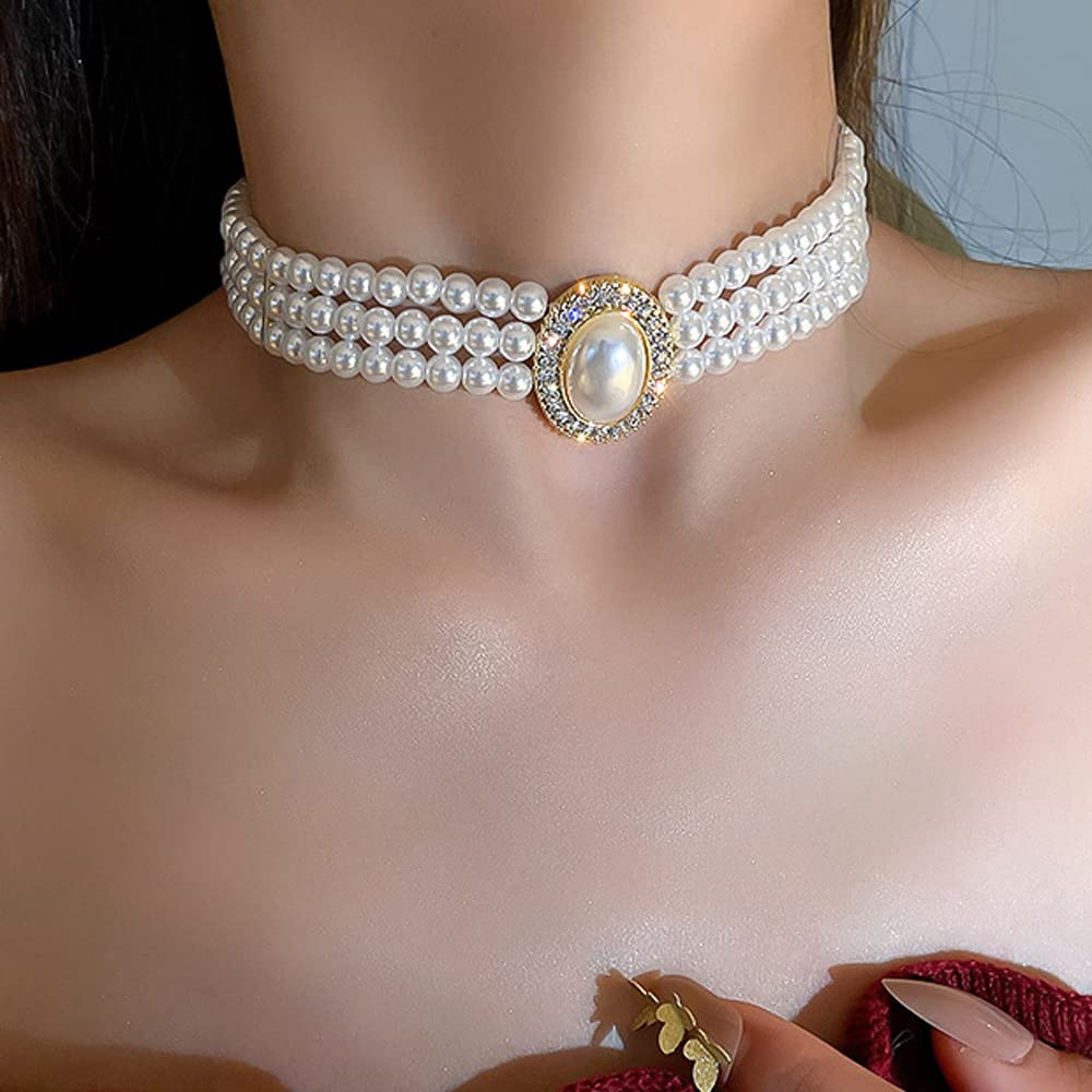 Octwine Boho 3 Tier Multilayer Dainty Rhinestones Pearls Chunky Short 1920s Choker Necklace