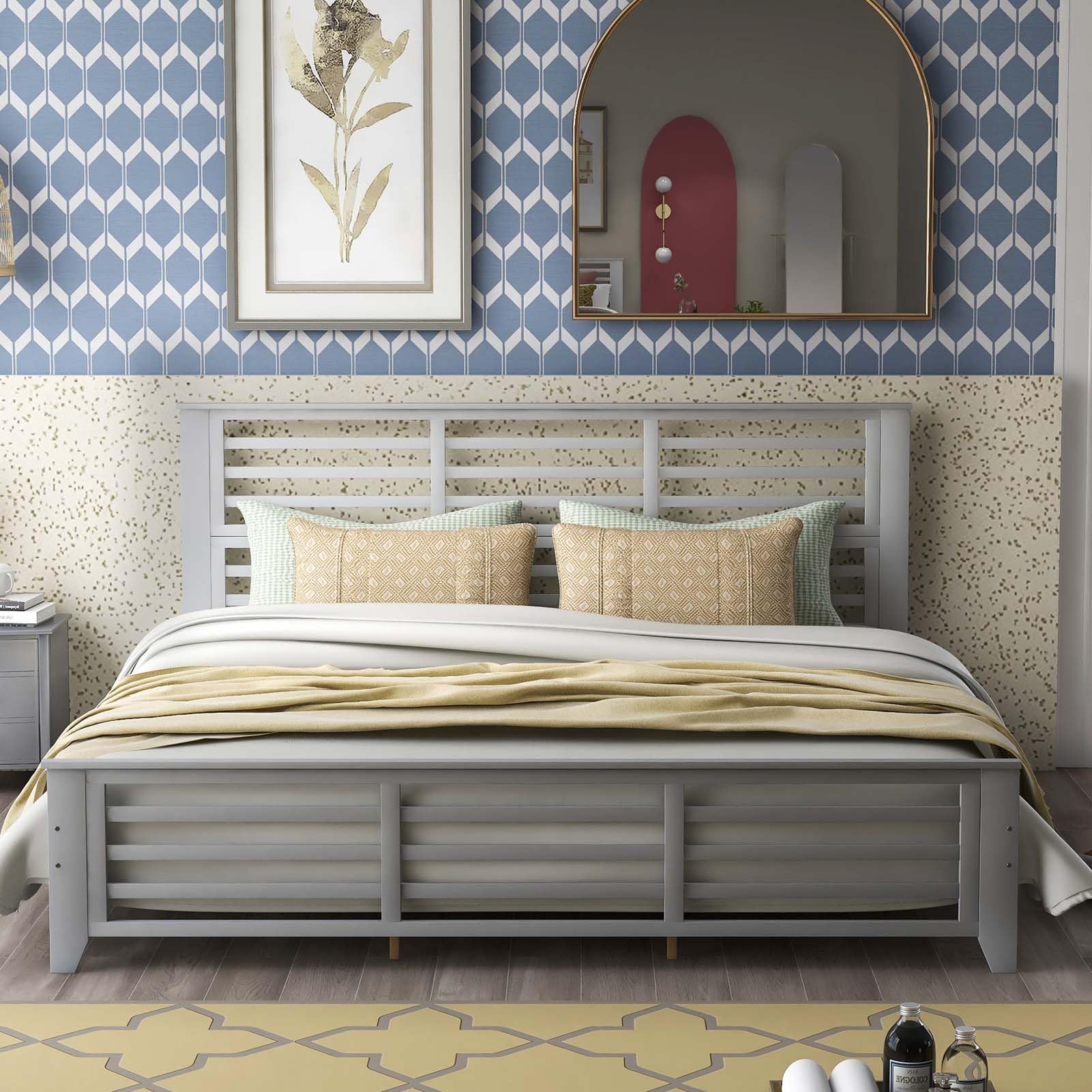 King Size Bed Frame, King Bed Frame with Horizontal Strip Hollow Shape Headboard, Pine Wood Platform Bed Frame for Teens Adults Bedroom, Noise Free/No Box Spring Needed (Gray)
