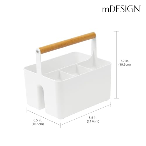 mDesign Plastic Portable Storage Organizer Kitchen Caddy Tote, Divided Bin w/Wood Handle for Napkins, Silverware, Forks, Knives, Spoons - Store in Cabinets, Counters - Aura Collection - White/Natural