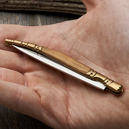 Kings County Tools Navaja Style Knife | 1/4" Thin Stainless Steel | 3-1/16” Blade Length | Olivewood and Brass Handle | Traditional Spanish Pattern Design