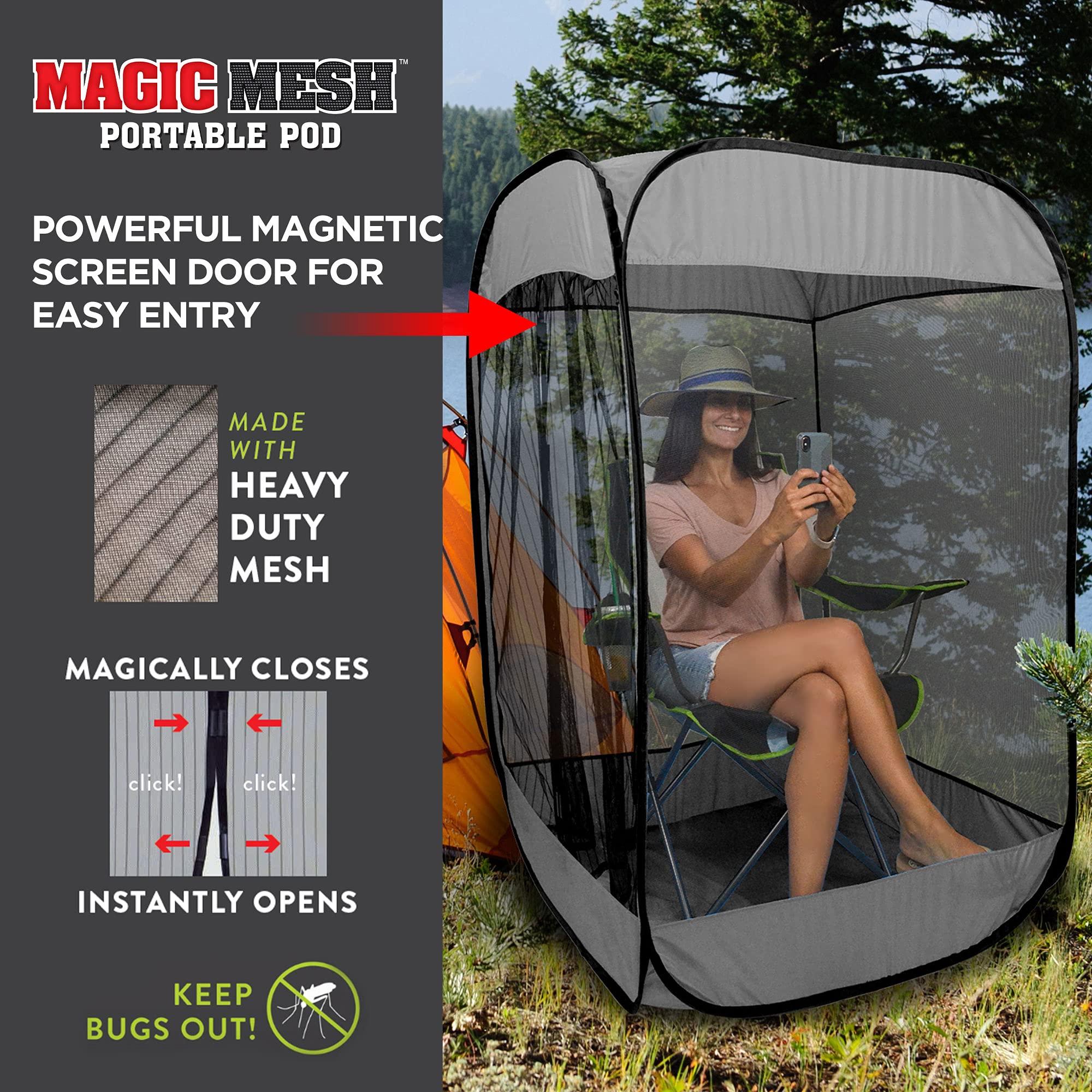 Magic Mesh Personal Portable Pod Modular Design, See-Through Mesh, Keeps Fresh Air in & Bugs Out, Pops Up in Seconds, Magnetic Door Panel, Fits One Adult & Folding Chair- 59" x 37.4" x 37.4"