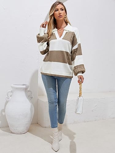 ZAFUL Women 2023 Striped V Neck Long Sleeve Sweater Fall Lapel Collar Ribbed Knit Loose Pullover Sweater Jumper Top Brown