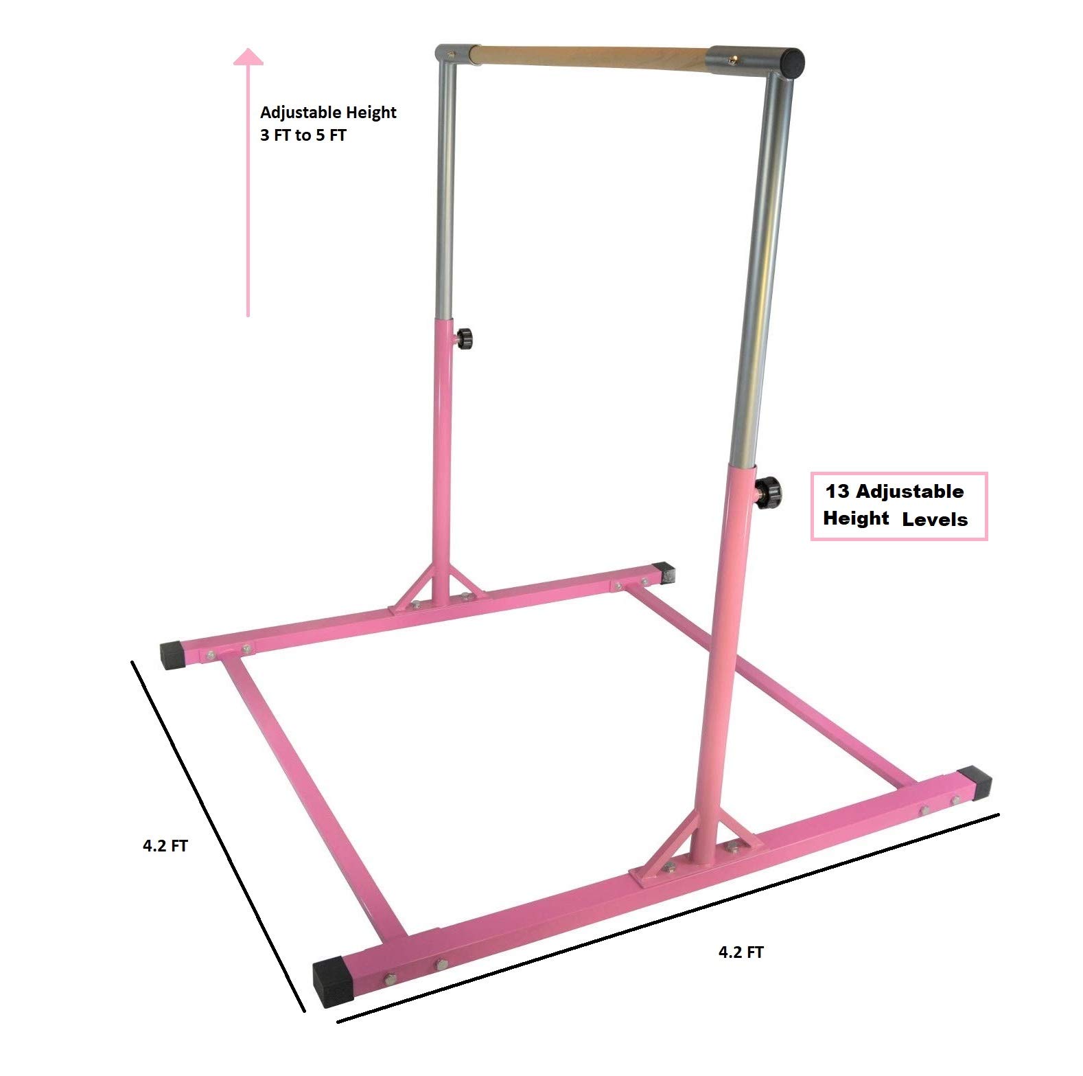 Kids Kip Bar Jungle Gym Professional Horizontal Gymnastics Asymmetric Bar Height Adjustable Expandable 3 to 5 FT Pink