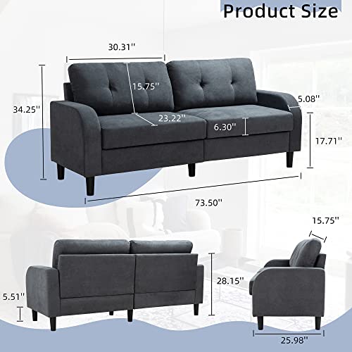 Vongrasig 73" Loveseat Sofa, 2 Seater Button Tufted Upholstered Couch, Modern Sofa with 6.3" Deep Seat Cushion for Small Space Living Room, Apartment, Dorm, Office, Blue Grey