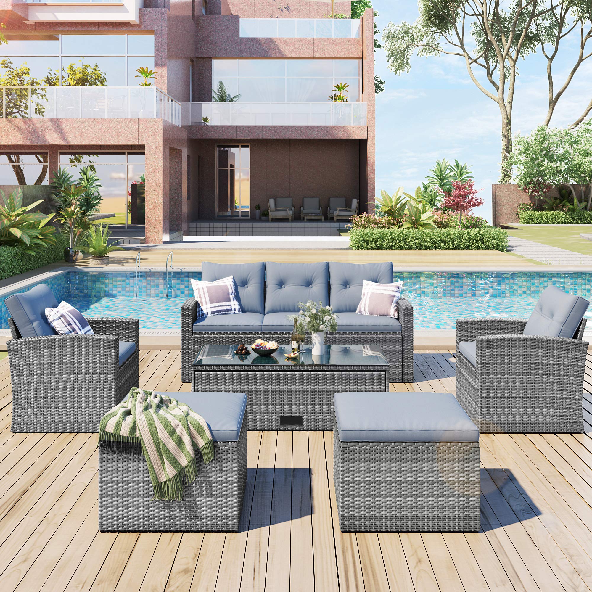 Merax 6 PCS Outdoor Patio Conversation Sets All-Weather PE Sectional Furniture with Coffee Table, Ottomans, Dark Grey Wicker, Light Grey Cushion