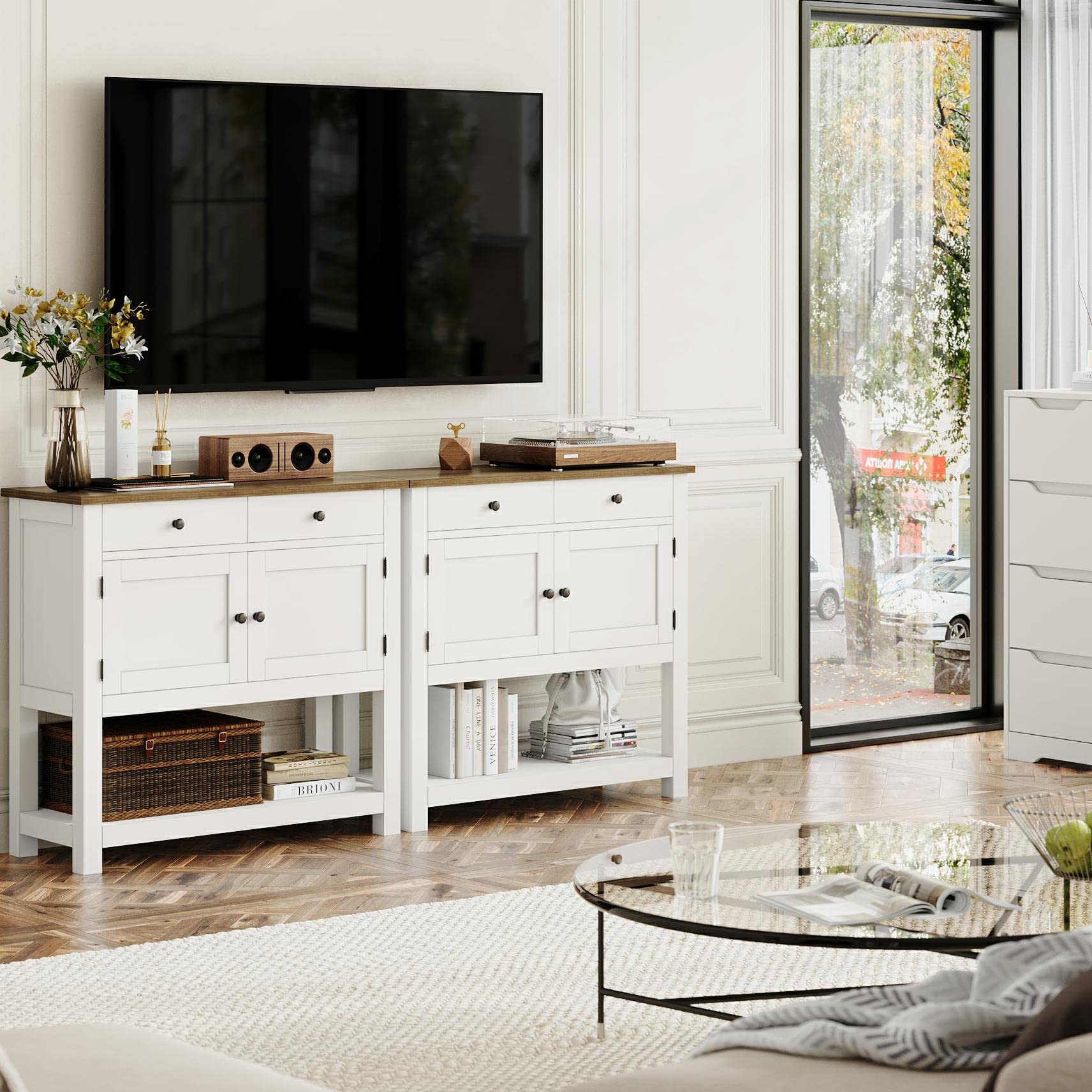 HOSTACK Farmhouse Console Table with 2-Door Cabinet & 2 Drawers, Coffee Bar, Entryway Table with Storage Shelf, Sofa Tables Buffet Sideboard for Kitchen, Hallway, Dining, Living Room, White