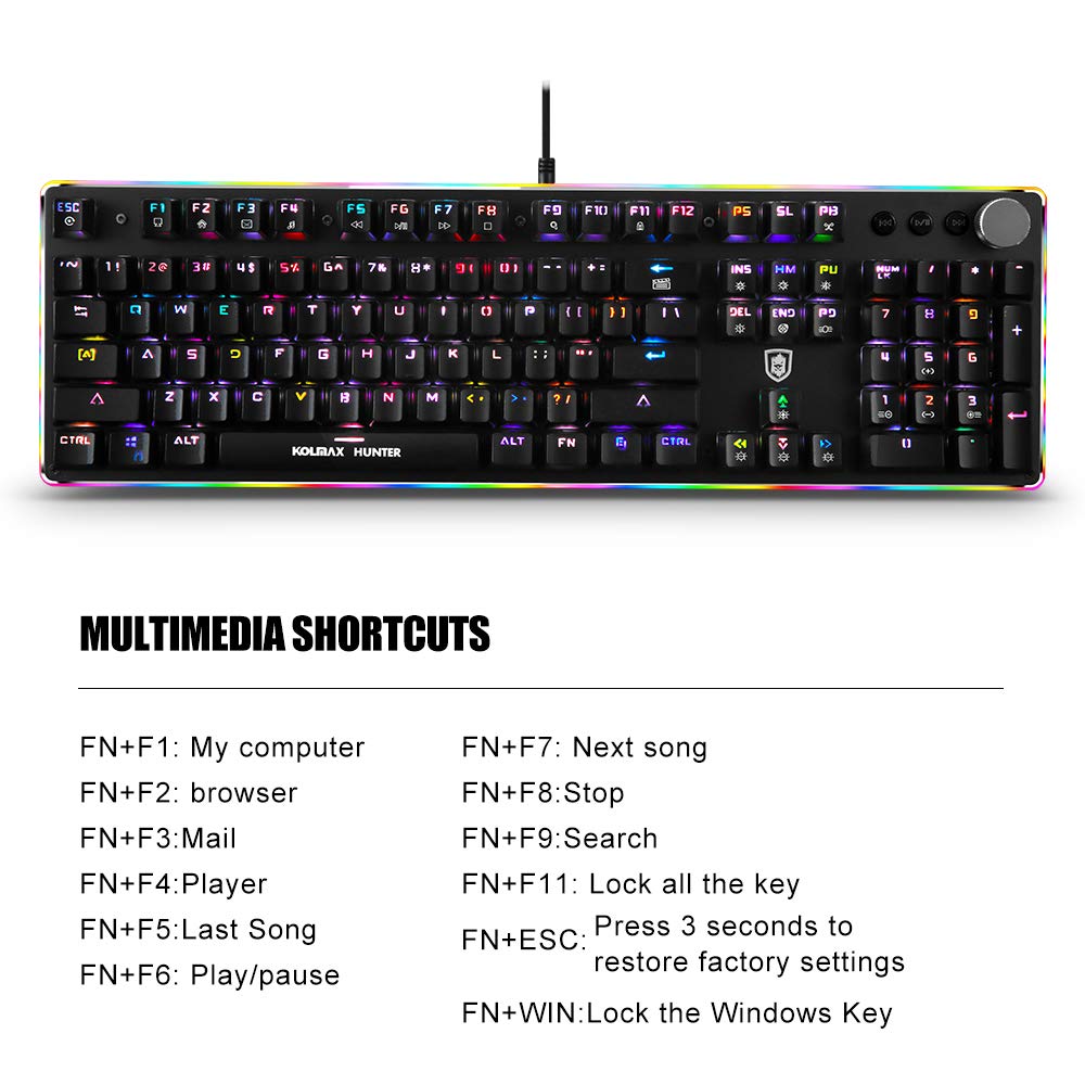 KOLMAX HUNTER Mechanical Gaming Keyboard RGB LED Backlit USB Wired Gaming Keyboard with Blue Switches for Windows Mac Gaming PC 100% Anti-Ghosting(104 Keys, Black)