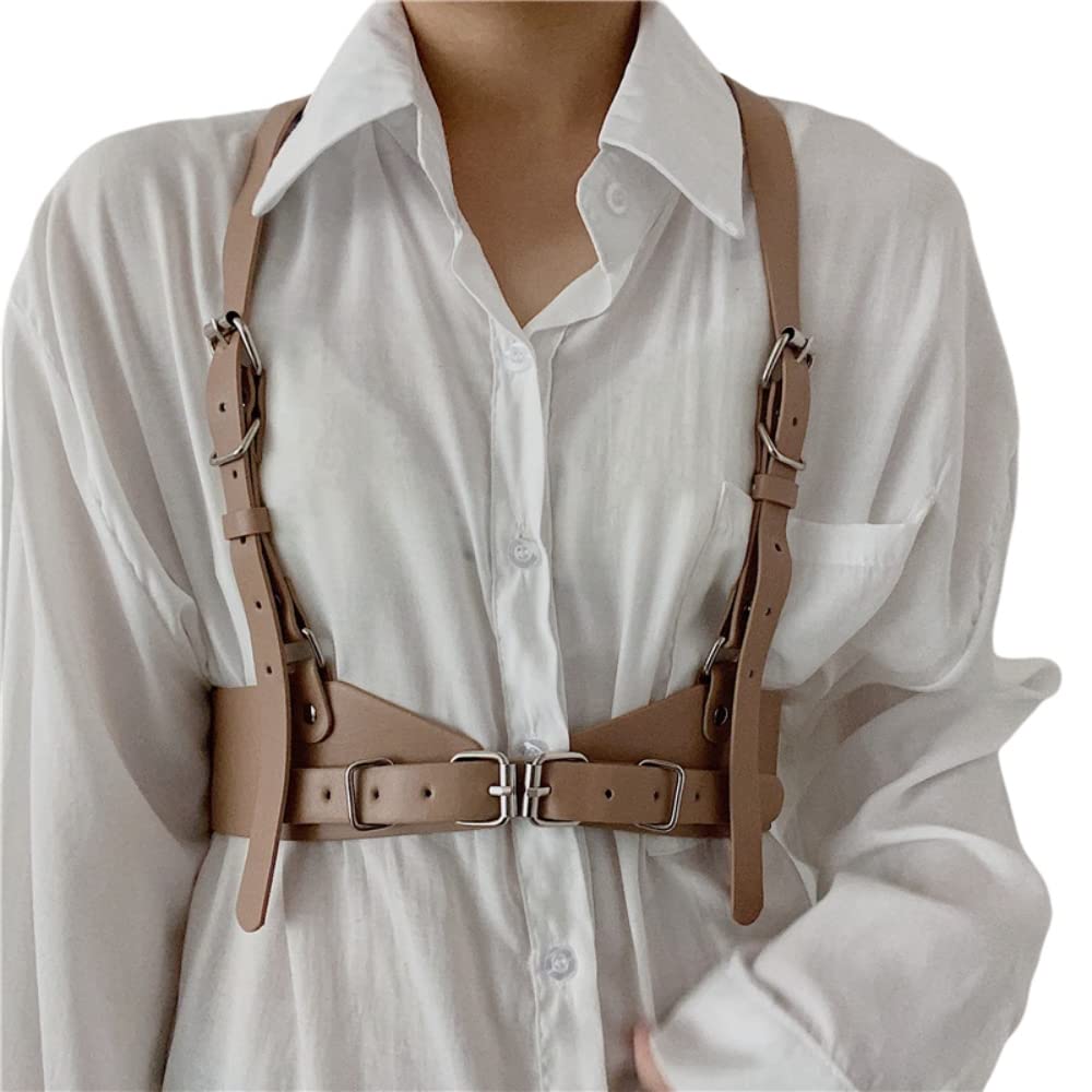Punk Belly waist body chain black leather goth belt harness for women with strap on plus size BL1 (tan, 26"-33")