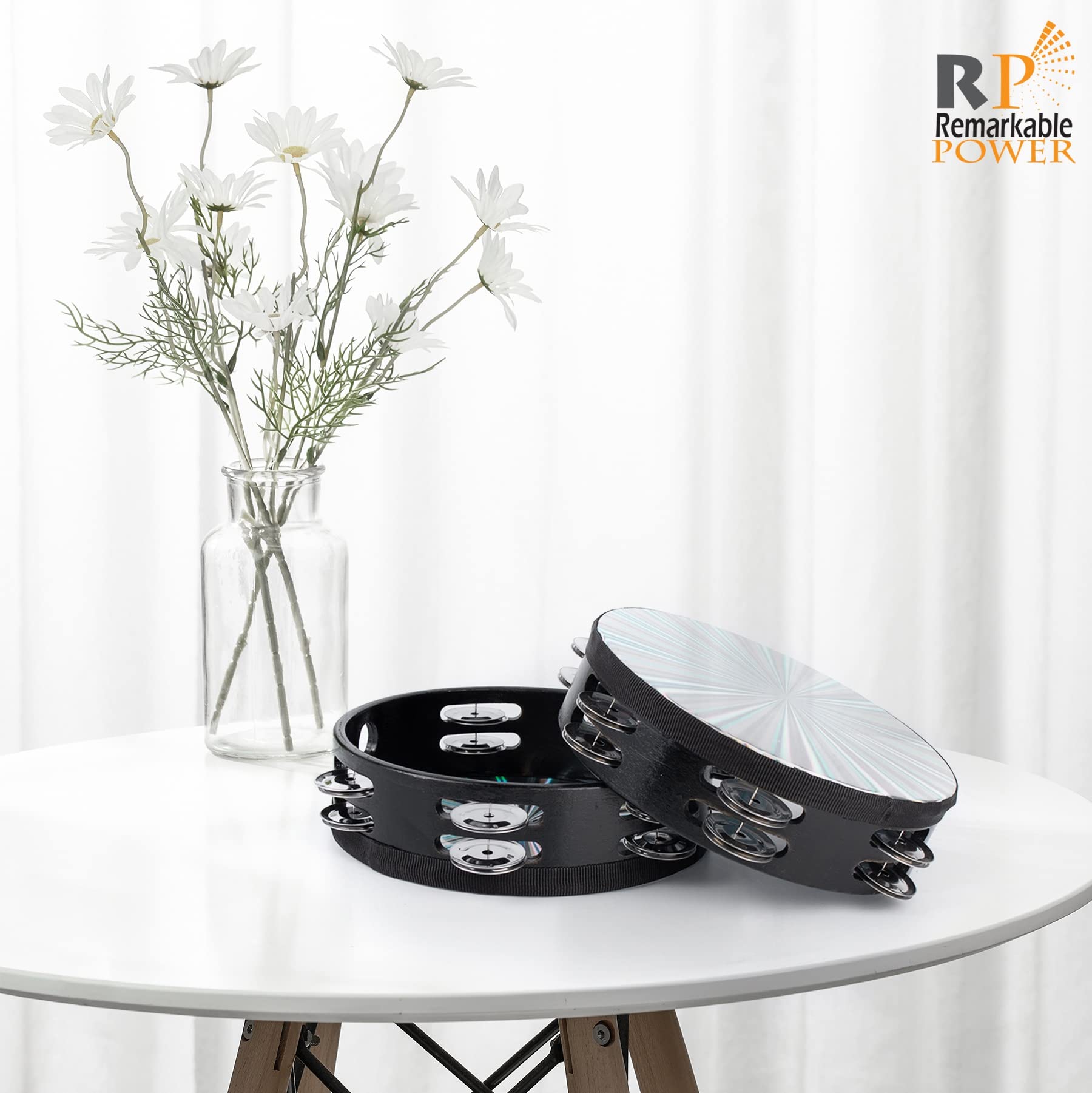RP Remarkable Power, 2 Pack 8 Inch Radiant Tambourine Wooden Hand Held Drum Double Row Jingles Reflective for Church KYV Party