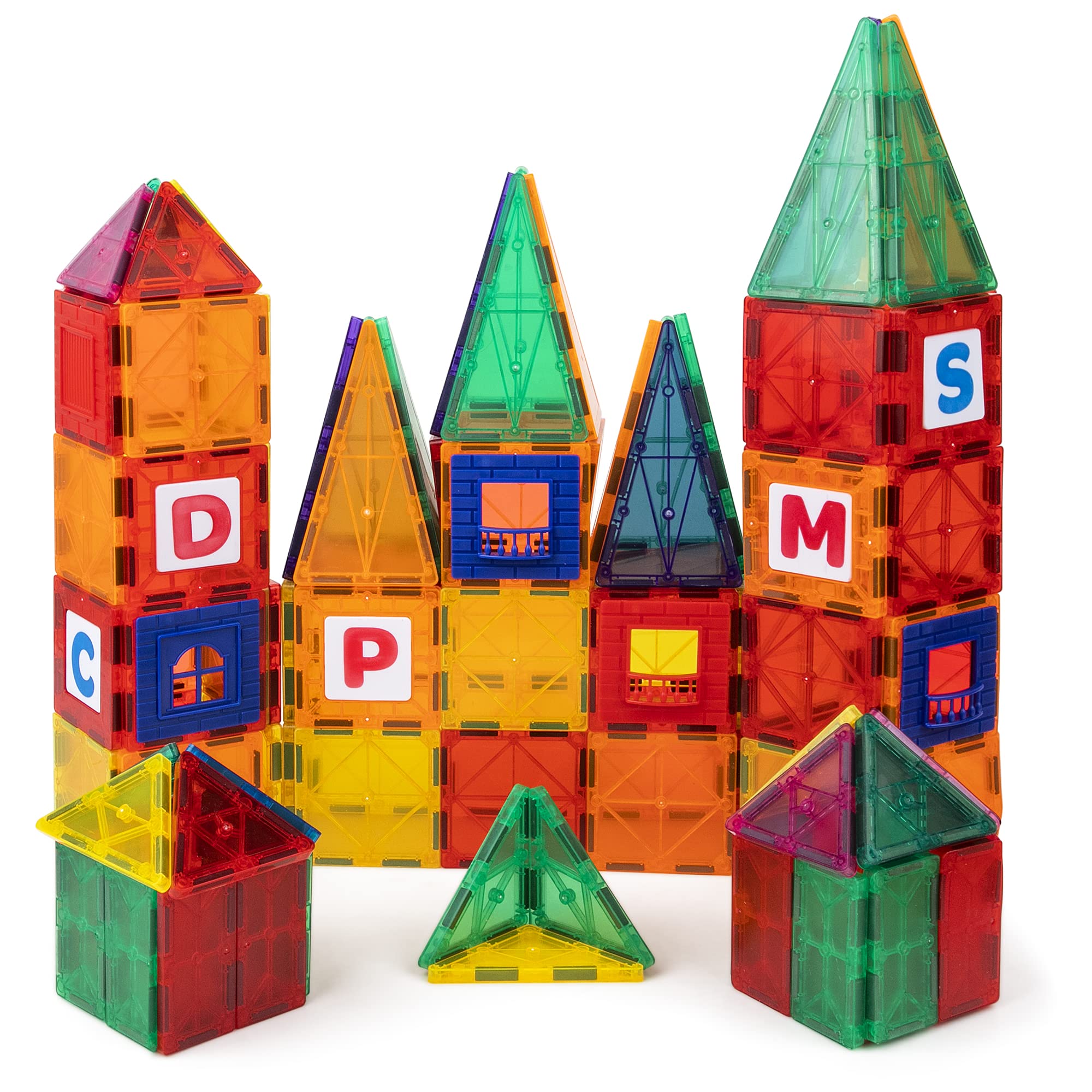 Playkidiz Magnetic Tiles for Kids, 100 Pc Magnet Blocks with ABC & Window Click-ins, STEM Development Building Toys for Boys Girls & Toddlers