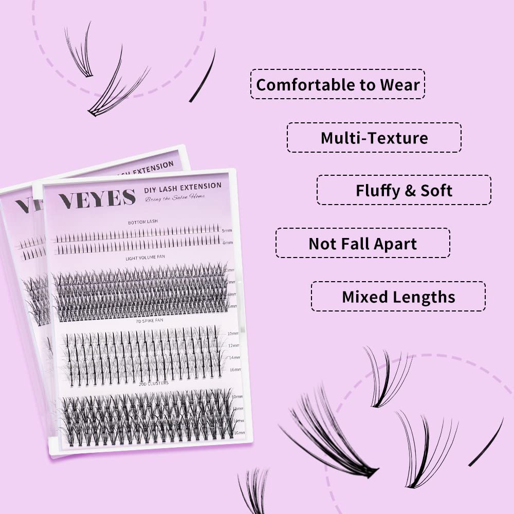 VEYES INC Individual Lash Clusters Mixed Tray 5/6/10/12/14/16mm, DIY Eyelash Extensions at Home, Wispy Lashes for Beginners, Bottom/Light volume/7D Spike/20D Clusters
