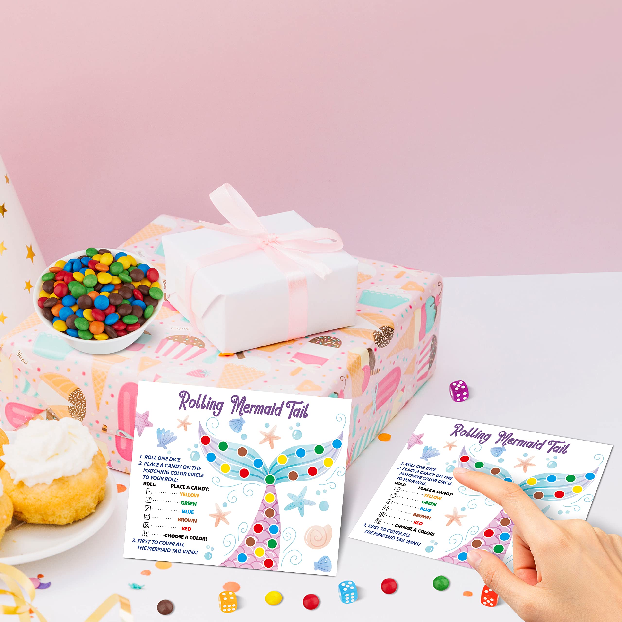 Roll The Dice Game, Baby Shower and Birthday Party Party Kids Table Game, Rolling Mermaid Tail, 20 Play Cards 20 Colored Dices (ONE-b12)