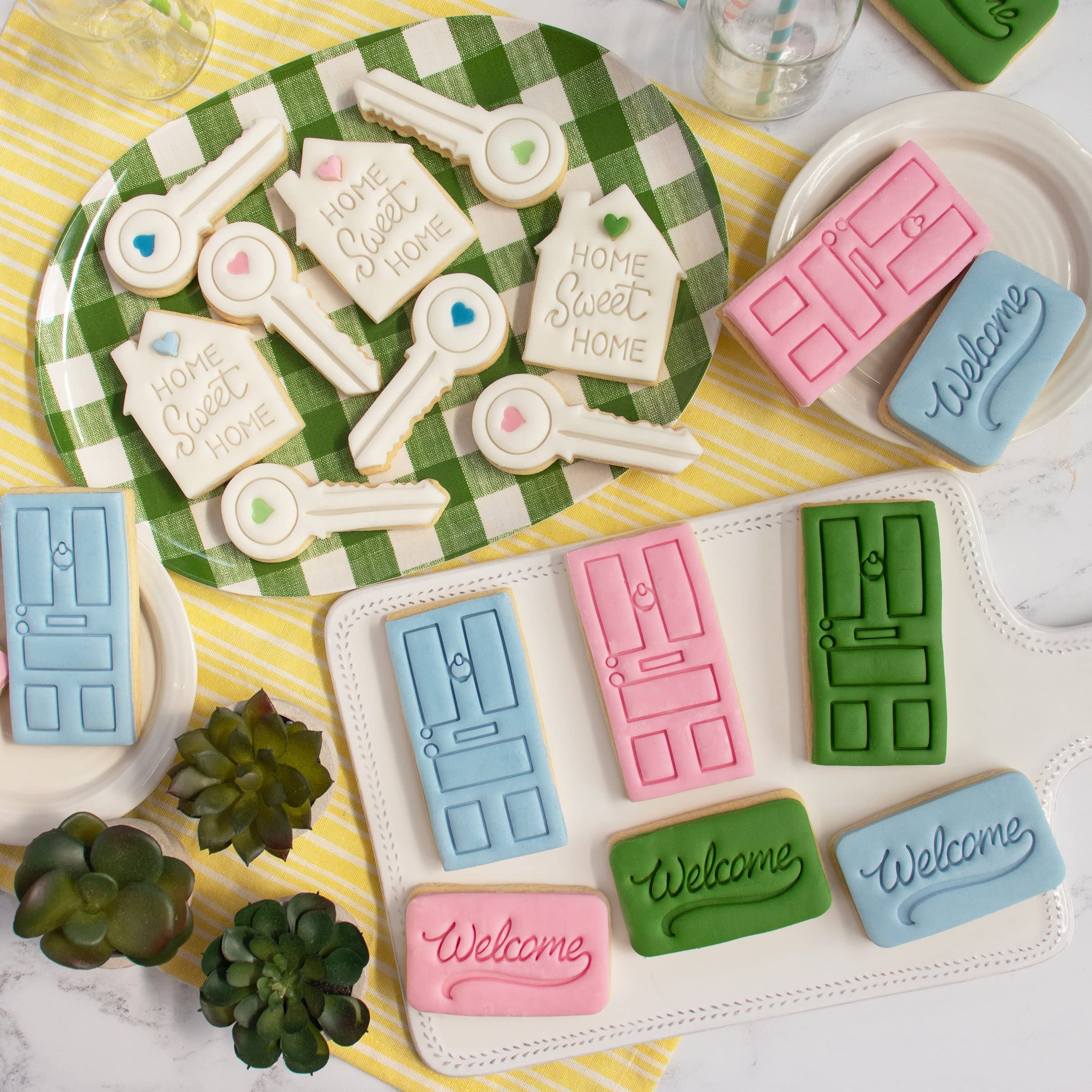 Set of 4 Housewarming cookie cutters (Home Sweet Home, House Door, House Key, and Welcome Mat), 4 pieces - Bakerlogy