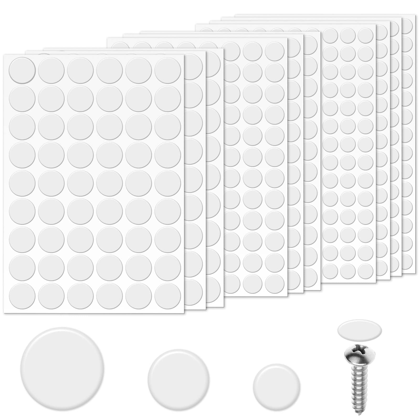 SUNJOYCO 1010 Pcs Screw Hole Covers, 10 Sheets Self-Adhesive Screw Hole Stickers, Dustproof Screw Cover Caps White, 12mm 15mm 21mm
