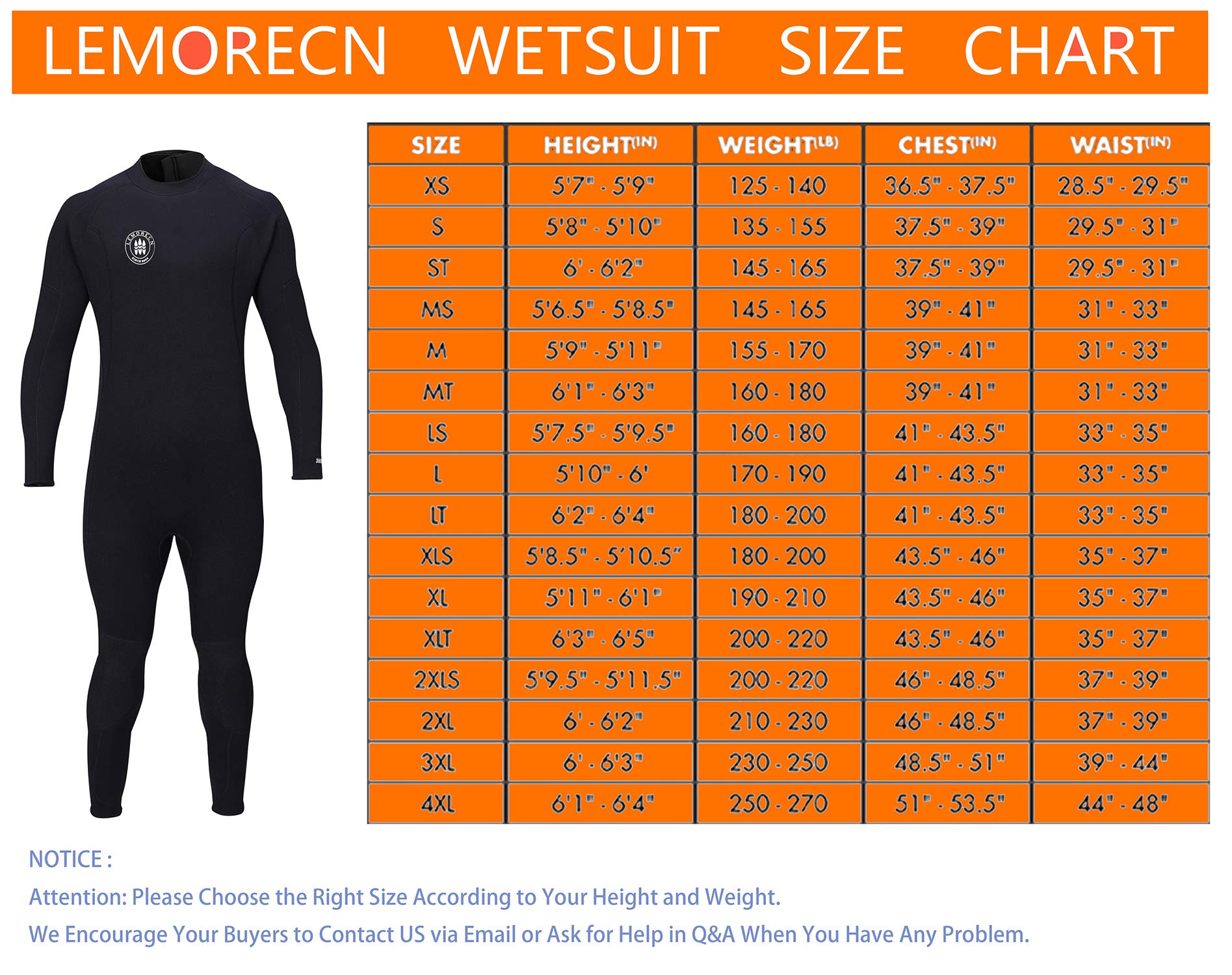 Lemorecn Wetsuits Mens Neoprene 3/2mm Full Body Diving Suit (3038black-XLT)