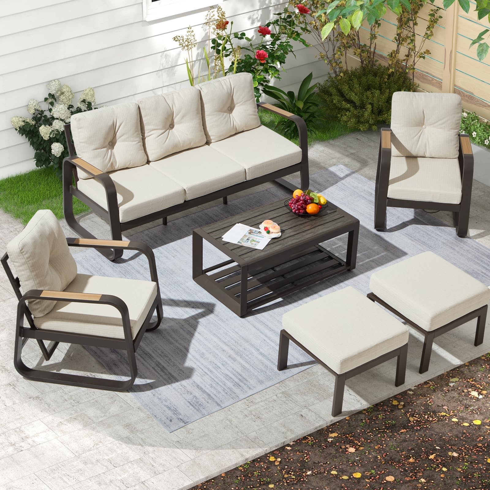 Suvivityse 6 Pcs Aluminum Patio Furniture Set with Coffee Table Outdoor Conversation Sofa Set Include Adjustable 3-Seater Sofa, 2 Hydraulic Chair, 2 Ottoman for Balcony, Garden, Poolsid(Grey)