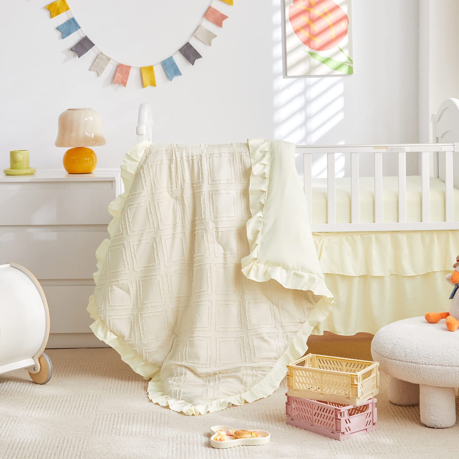 Tufted Ruffle Crib Bedding Set 3 Pieces Baby Boho Quilted Comforter with Fitted Sheet and Bed Skirt - Cute Ruffled Shabby Chic Baby Bedding Soft Blanket Design Cream White with Yellow