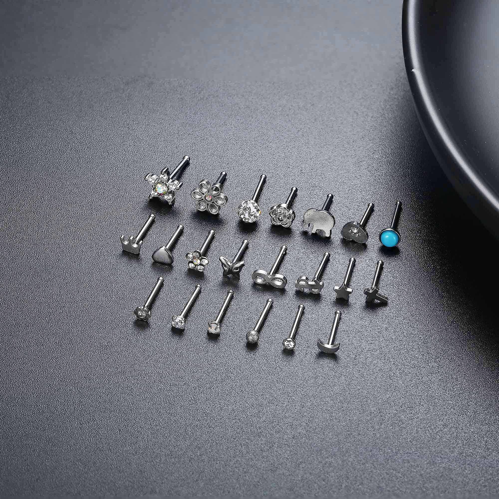 Magitaco 20G 21Pcs Nose Rings Studs Stainless Steel Bone L Screw Shaped Nose Piercing Jewelry for Women Men