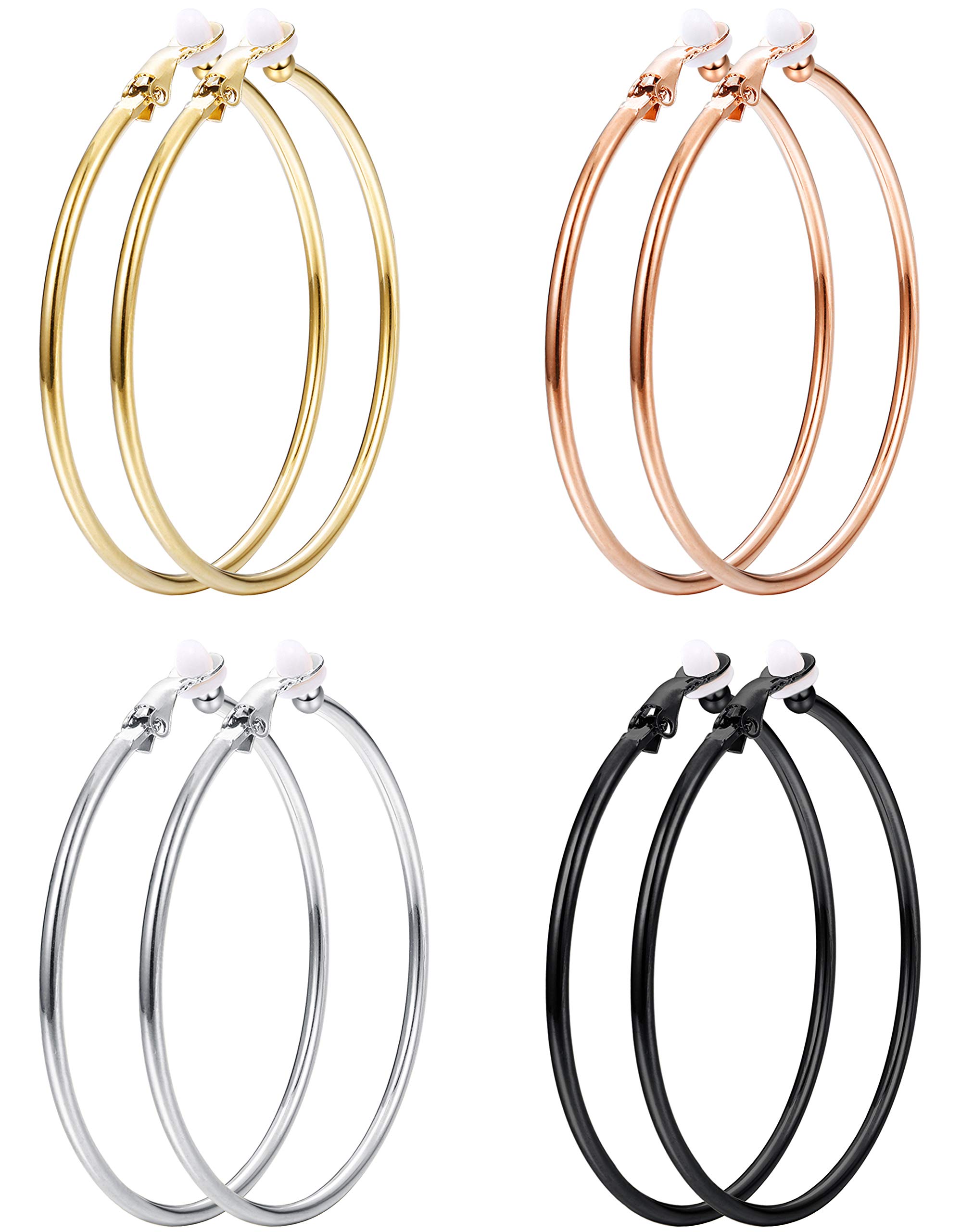 JOERICA Clip On Hoop Earrings for Women Silver Tone Gold Tone Rose Gold Tone Black Unpierced Hoop Earrings Non-pierced