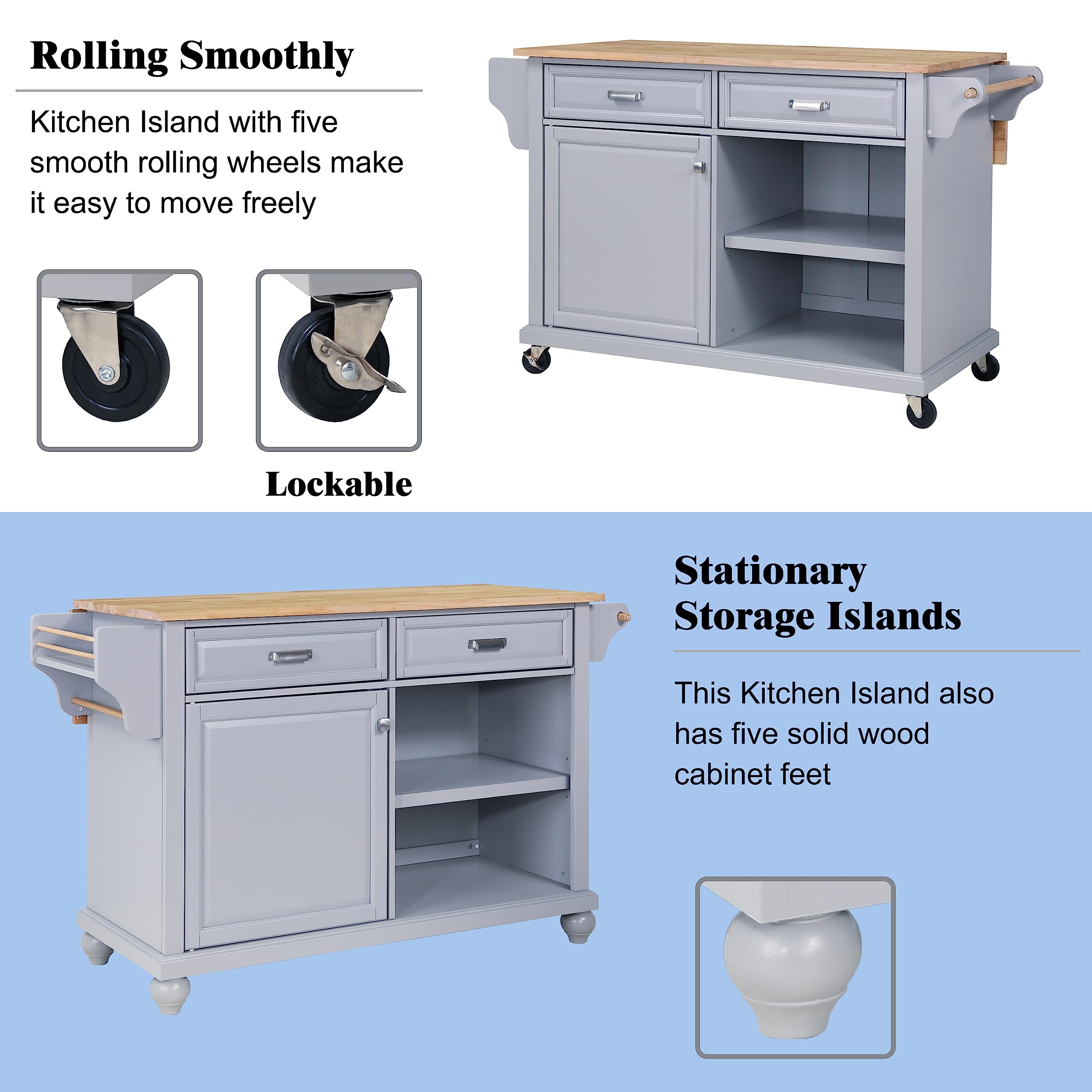 Kitchen Island on Wheels with Drop Leaf and Solid Wood Feet, 57.6 Inch Width/32 Inch Depth Rolling Kitchen Island Cart with Storage Cabinet and Drawers for Kitchen, White