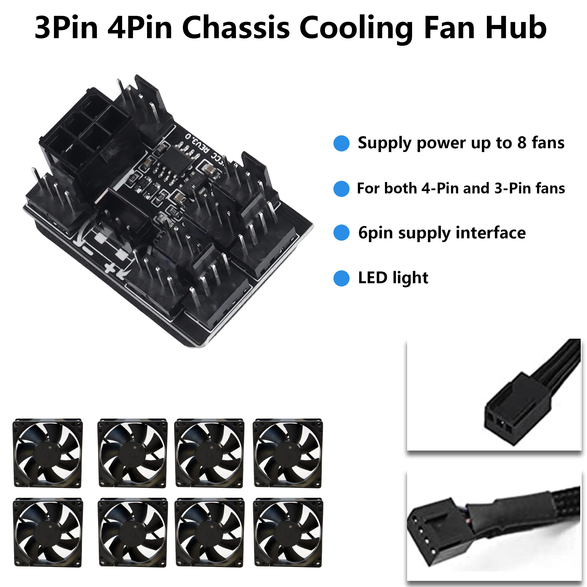 SinLoon 3 Pin 4 Pin Fan Adapter PWM PC Chassis Cooling Fan Hub,Chassis Fan Pressure Regulating Governor,8 Way Splitter 12V Speed Controller with 6 Pin Power Port(8 Way with Cable Black )