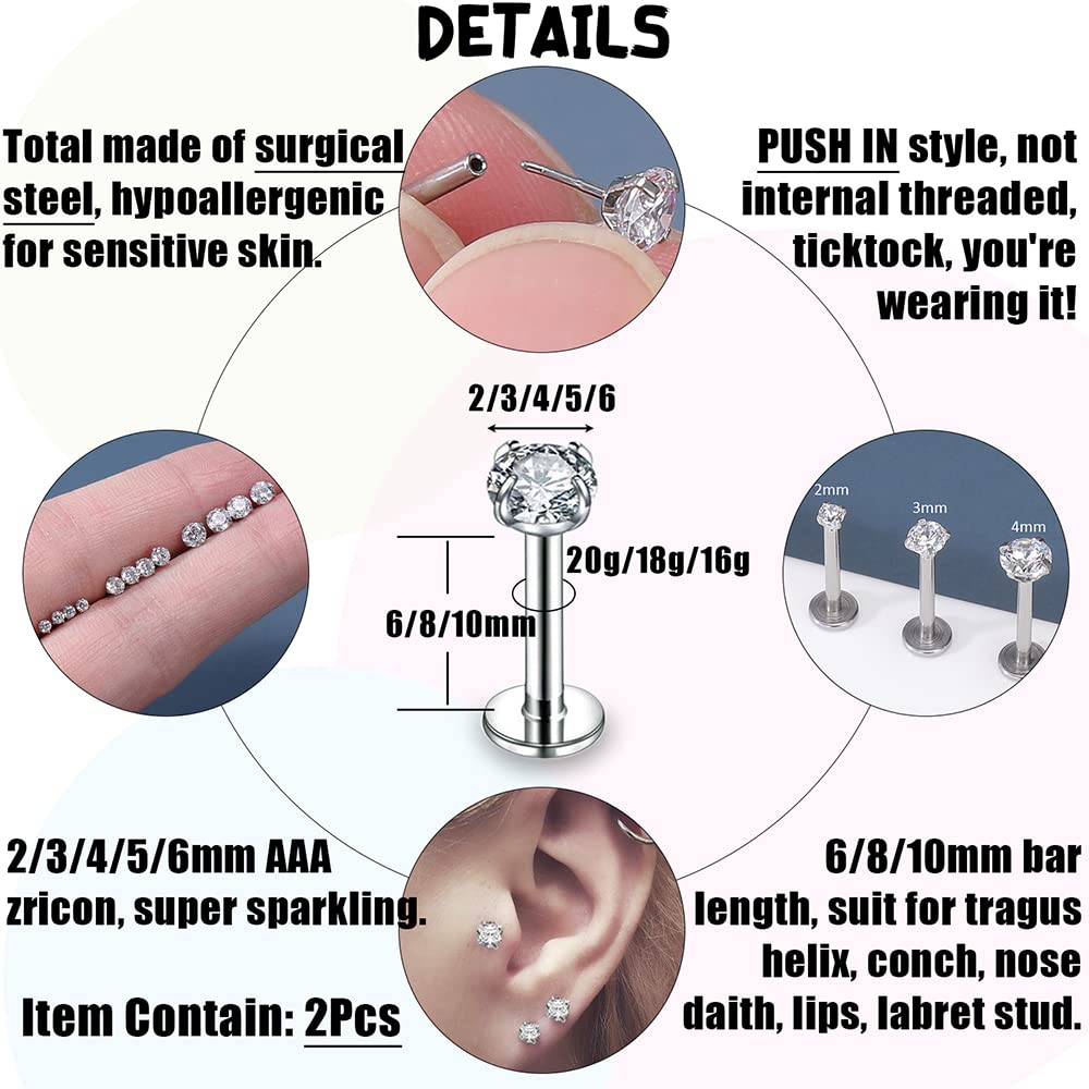 PunkTracker 16g/18g/20g Threadless Piercing Jewelry for Tragus Nose Helix Conch Medusa Lip Labret - Surgical Steel Helix Earring Cartilage Tragus Earrings Stud Nose Studs for Women Men