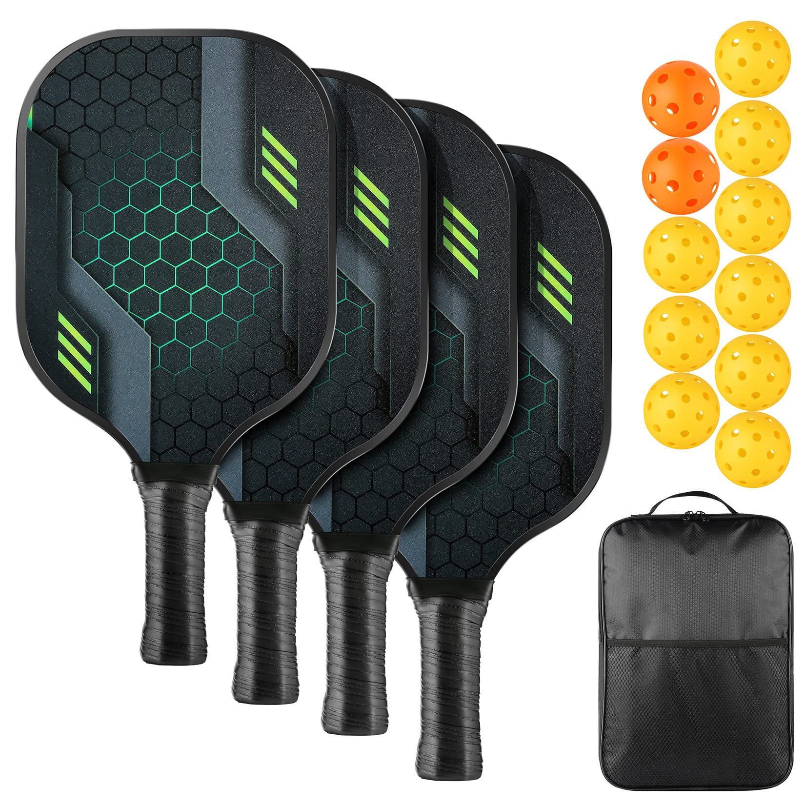 Plohee Pickleball Paddles, Pickleball Set, with 9 Pickleball Balls and 1 Pickleball Bag,Fiberglass Surface, Polypropylene Honeycomb Core, Lightweight Pickleball Paddle (4paddles, Black)