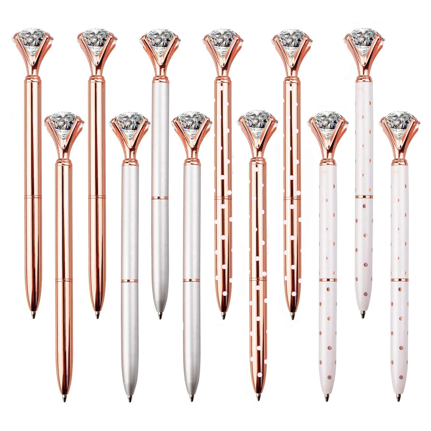 LONGKEY 6PCS Diamond Pens Large Crystal Diamond Ballpoint Pen Bling Metal Ballpoint Pen Office and School, Silver / White Rose Polka Dot / Rose Gold, Including 6Pen Refills.
