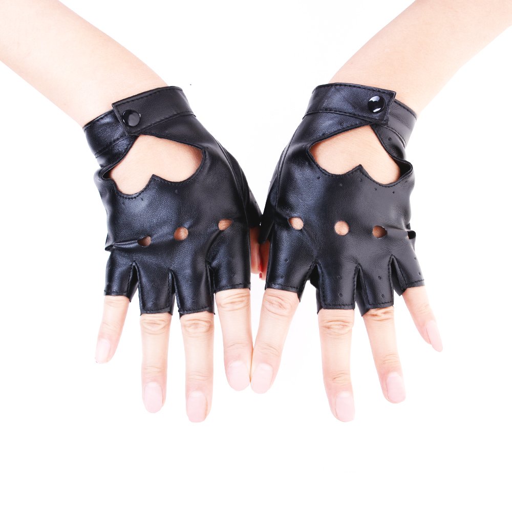 JISEN Sexy Women Heart Cutout Punk Half Finger PU Leather Performance Gloves Black, One Size
