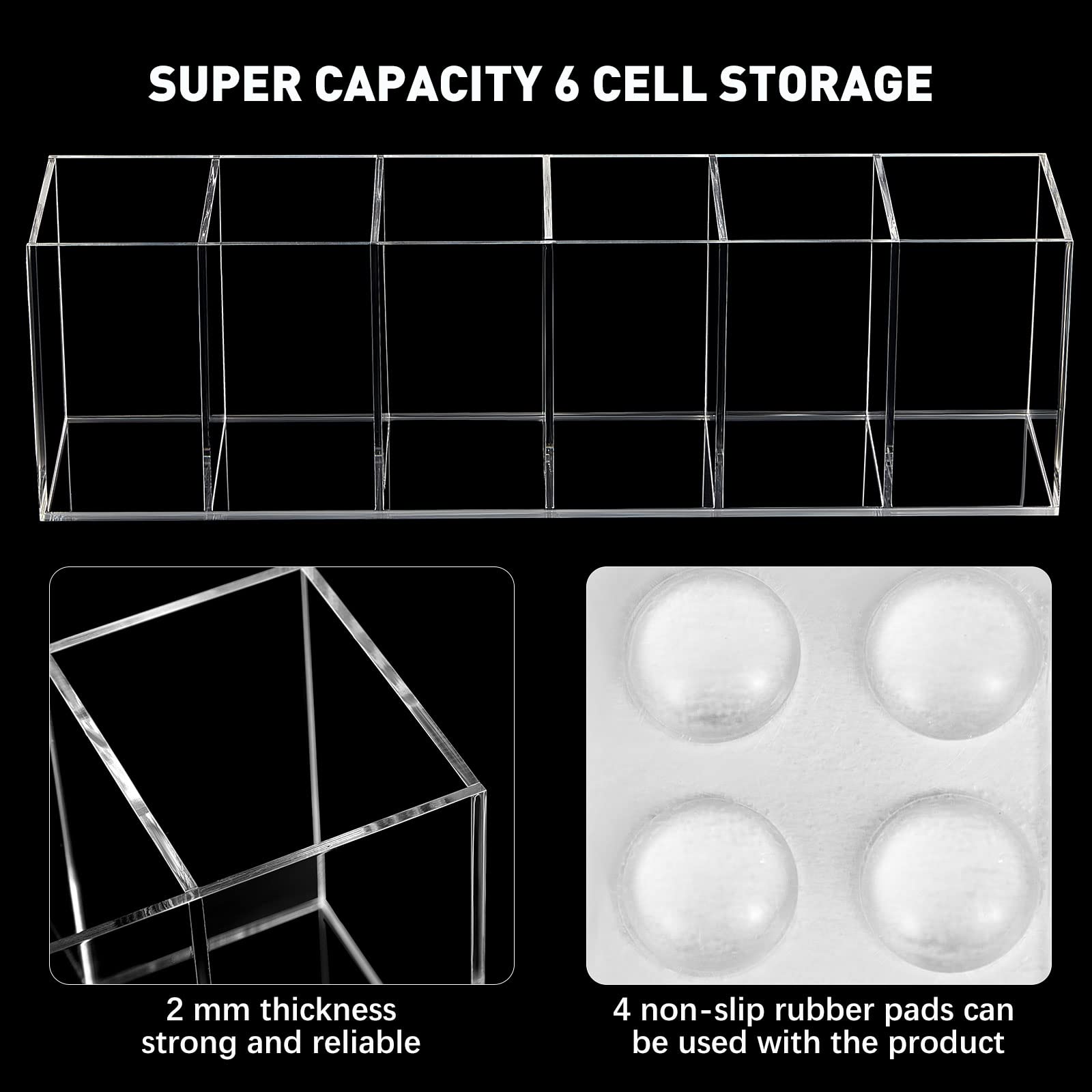 Jetec Acrylic Pencil Holder 6 Compartments Pen Holder Stationery Organizer Makeup Storage Box for Desk Accessories, Cosmetic Brushes, Office, Dorm, Bathroom, Kitchen Supplies (Clear)