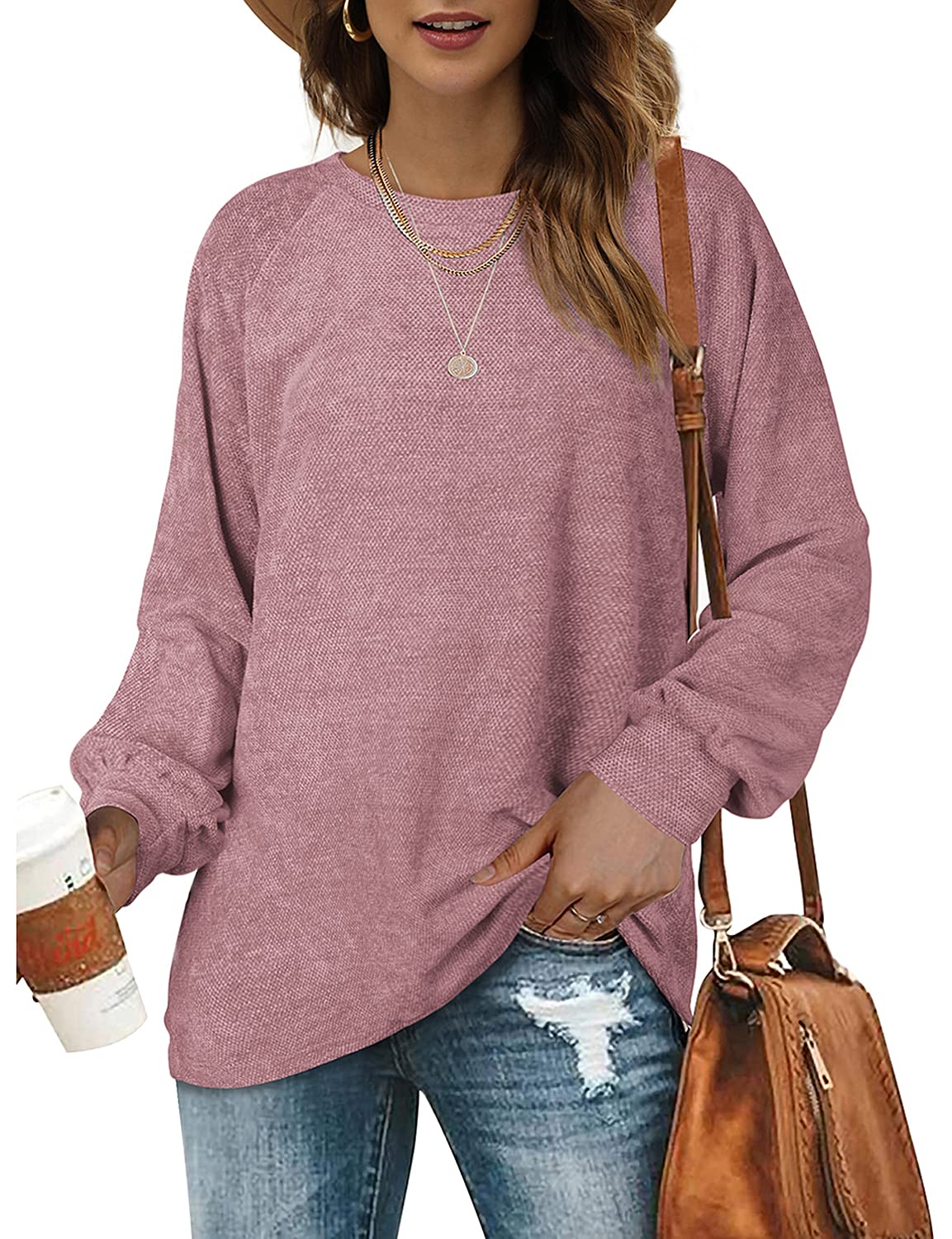 OFEEFAN Oversized Pullover Chenille Sweaters for Women Crewneck Balloon Sleeve Shirts Pale Mauve XL