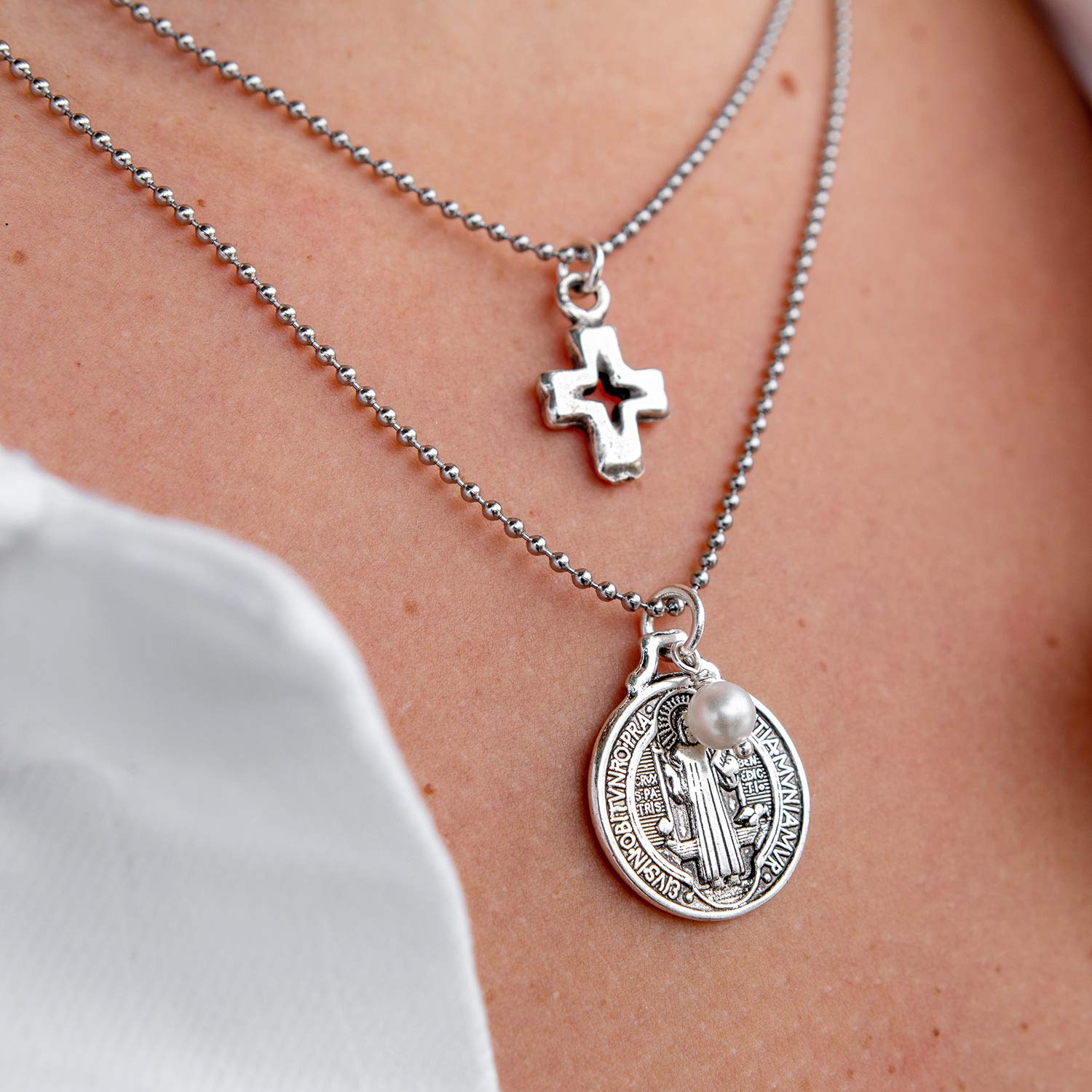 Lizzy James Rose Stainless Steel Layered Necklace with Cross Saint Benedict and Pearl Charms