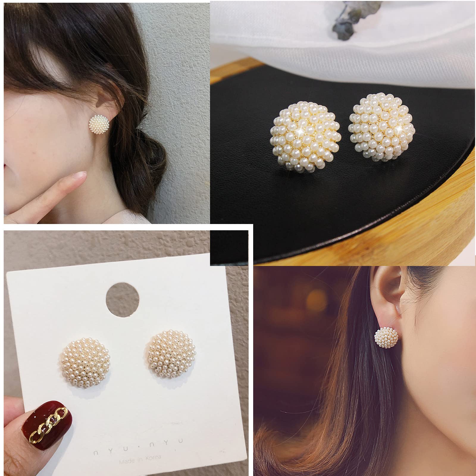 met-edianger Cluster Pearl Stud Earrings for Women Hypoallergenic Cluster Round Shell Bead Pierced Earrings