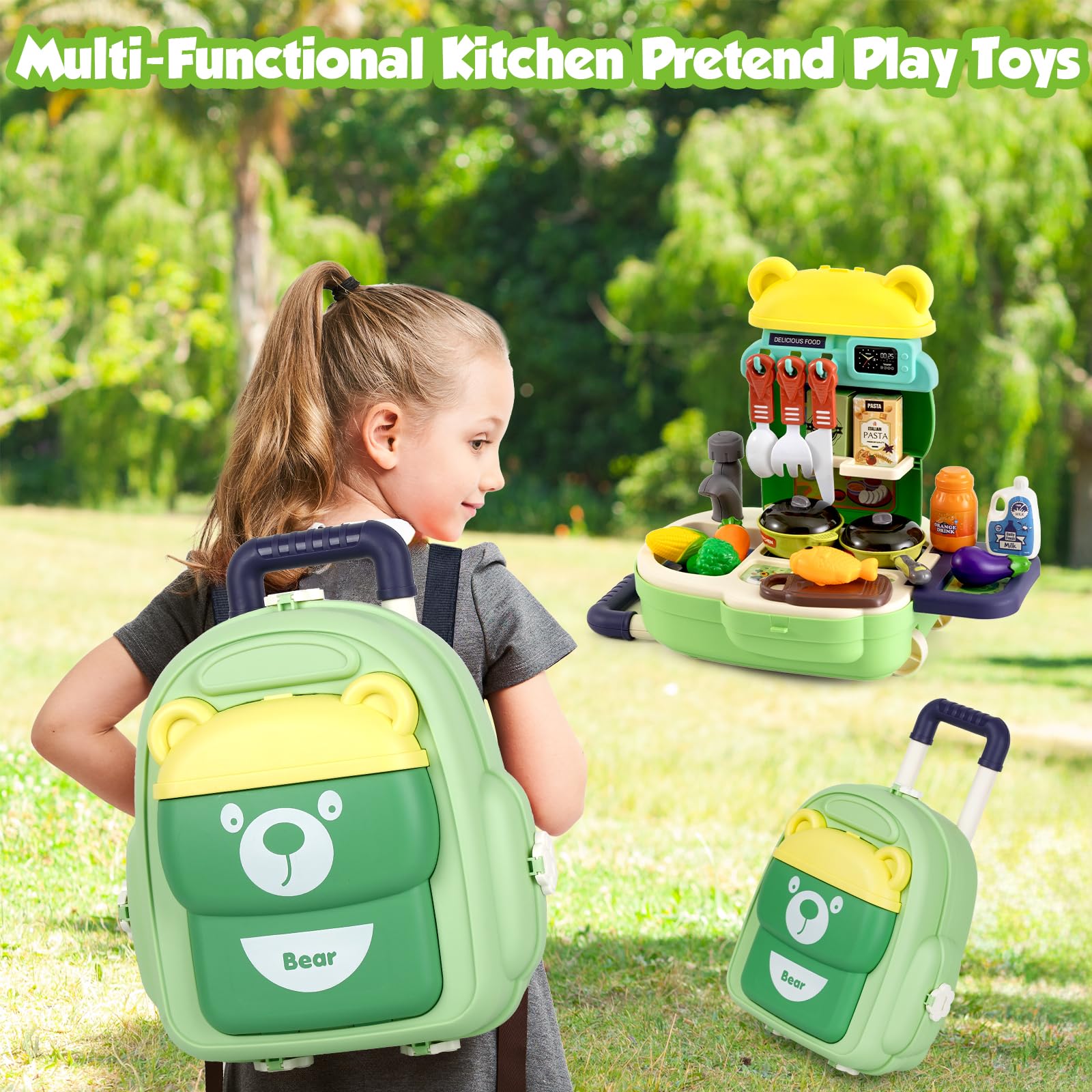 Kitchen Playset, 3 in 1 Kitchen Pretend Play Toys for Toddlers, 34 PCS Realistic Cooking Accessories for Girls Boys Age 3 4 5 6 7