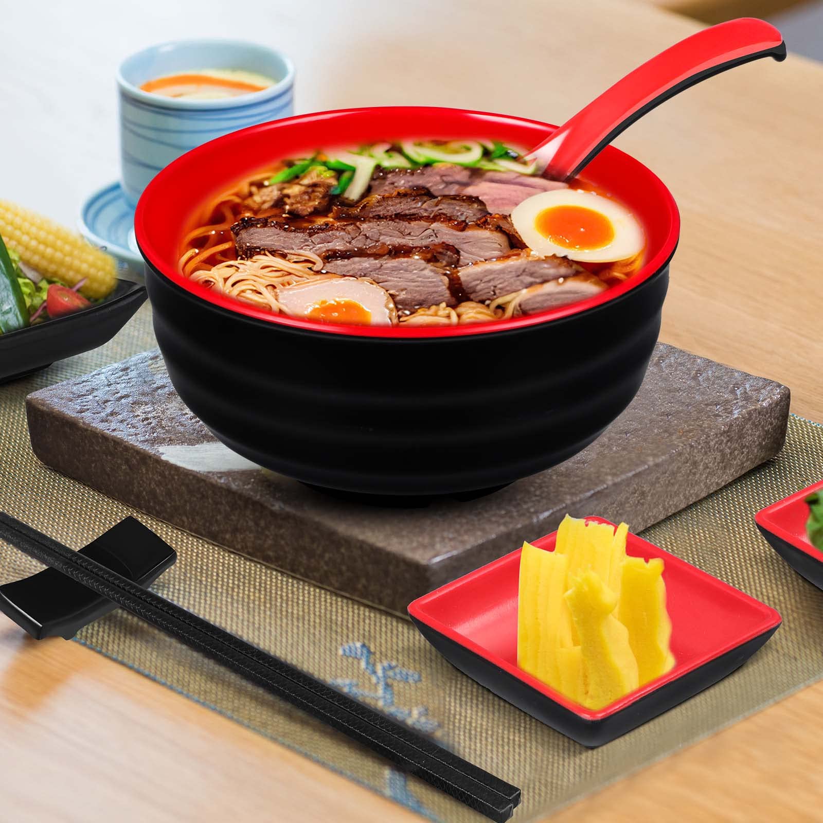 meekoo 6 Sets Japanese 41oz Ramen Bowl Bulk Asian Chinese Large Ramen Noodle Bowl Melamine Pho Bowl with Dipping Bowls Spoons Chopsticks and Chopsticks Stands for Udon Soba Asian Noodle