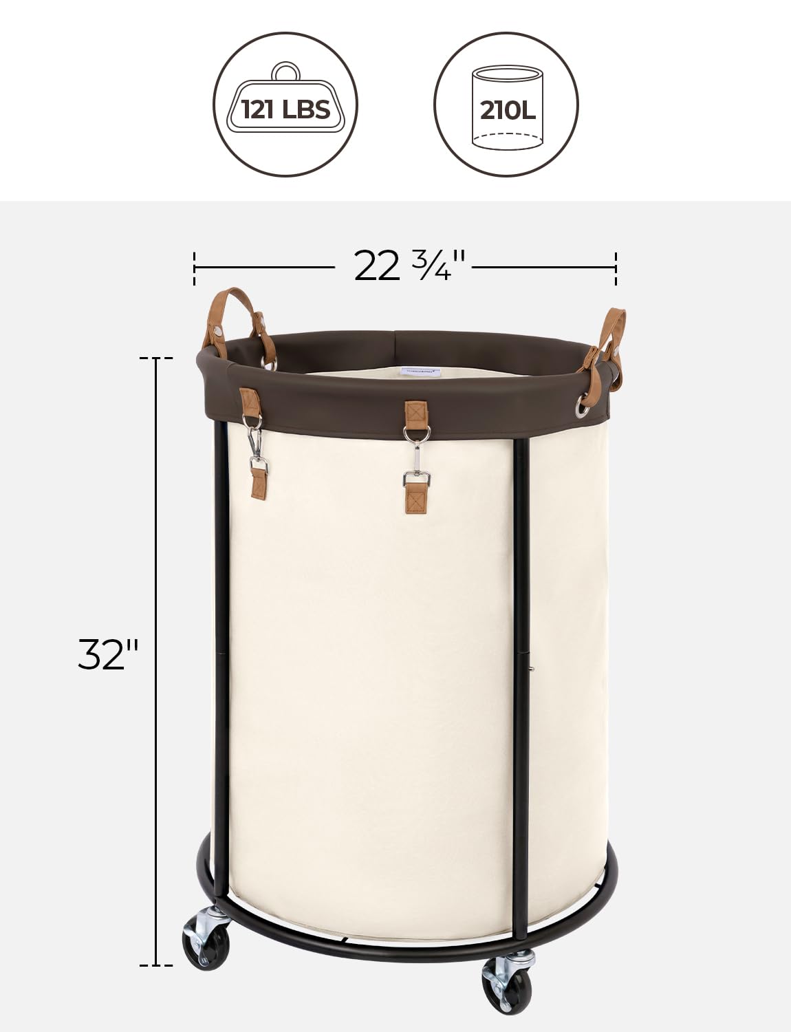 StorageWorks Laundry Basket with Wheels, 210L Extra Large Rolling Laundry Hamper, Round Laundry Cart with Steel Frame and Removable Bag, 4 Casters and 2 Brakes, Beige, 1-Pack